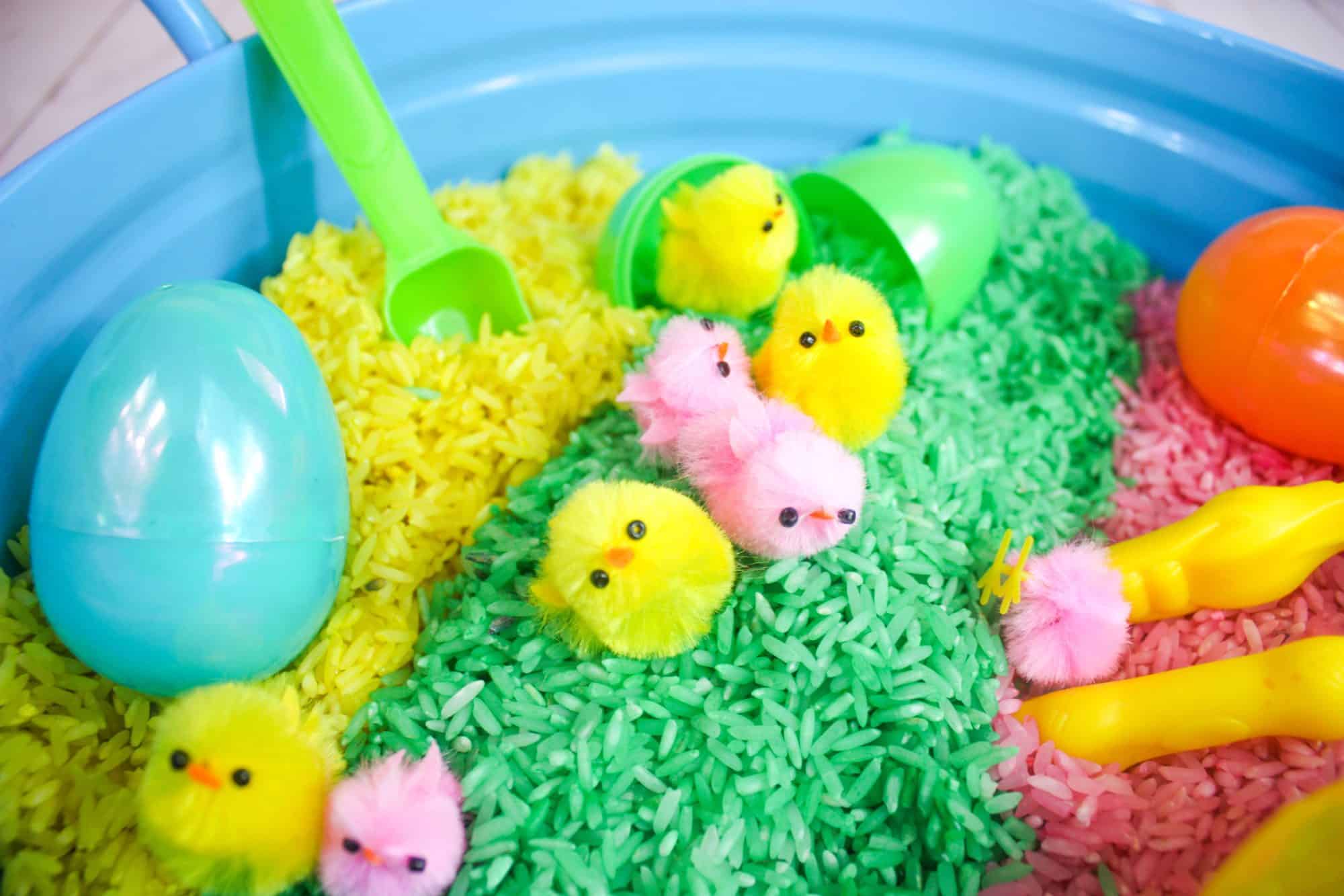 Easter Sensory Bin with Colored Rice - Views From a Step Stool