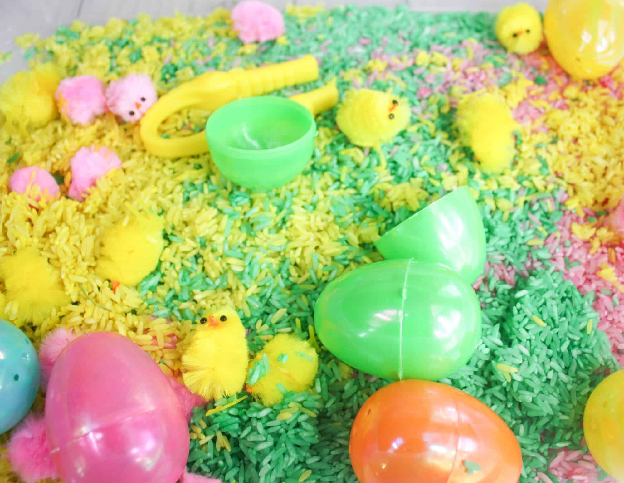 Easter Sensory Bin with Colored Rice - Views From a Step Stool