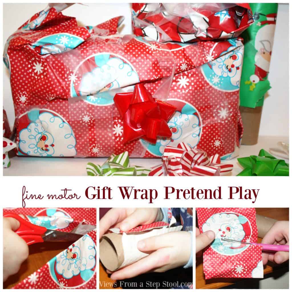 Gift Wrapping Pretend Play and Fine Motor Practice with Recyclables