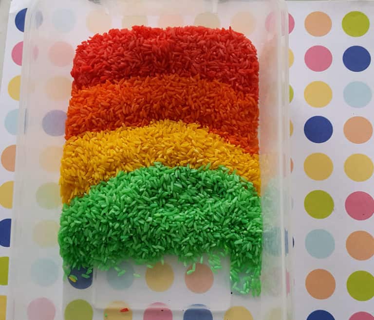 Simple Rainbow Rice Sensory Bin for Kids: Views From a Step Stool
