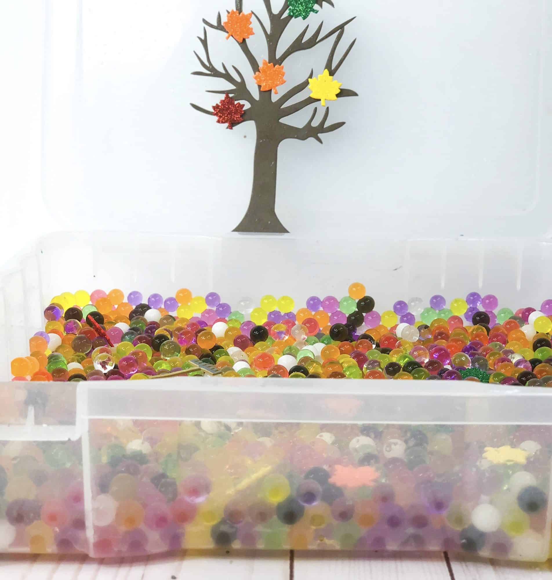 Fall Leaves Sensory Bin Hidden in Water Beads - Views From a Step Stool