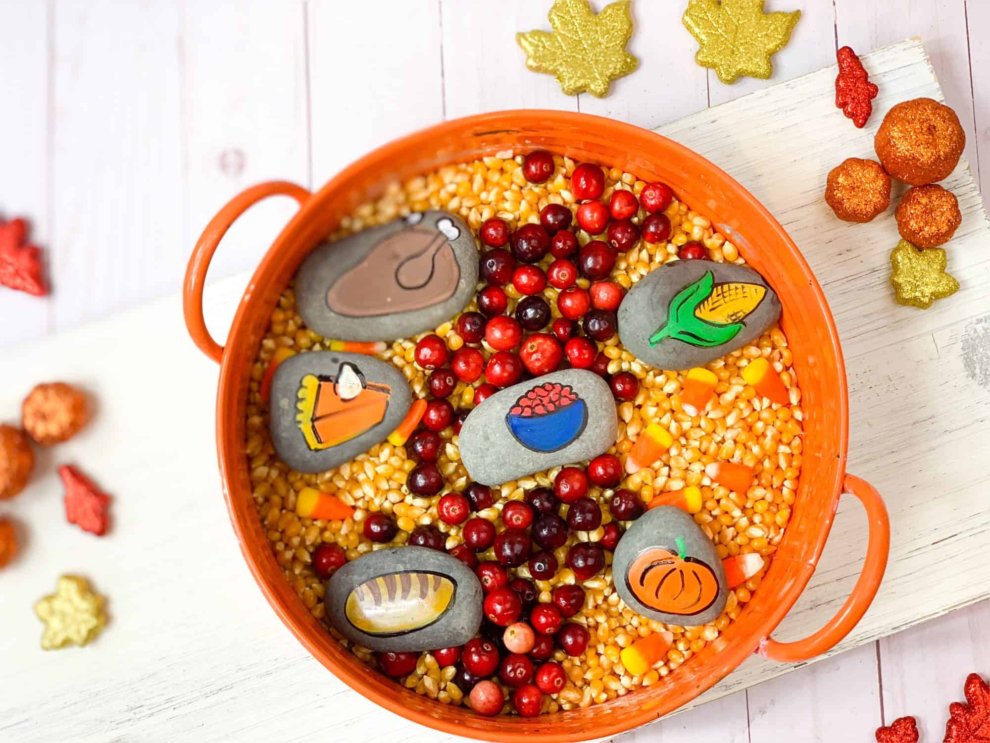 Thanksgiving Dinner Sensory Bin with Painted Rocks - Views From a Step ...
